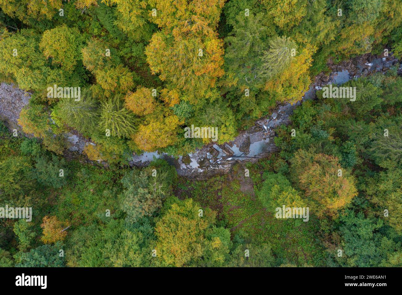 Switzerland, Glarus Canton, Aerial view of Fatschbach river in autumn ...