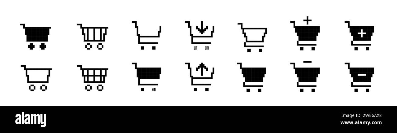 Set of icons in pixel art style. Shopping cart standart icons in ...