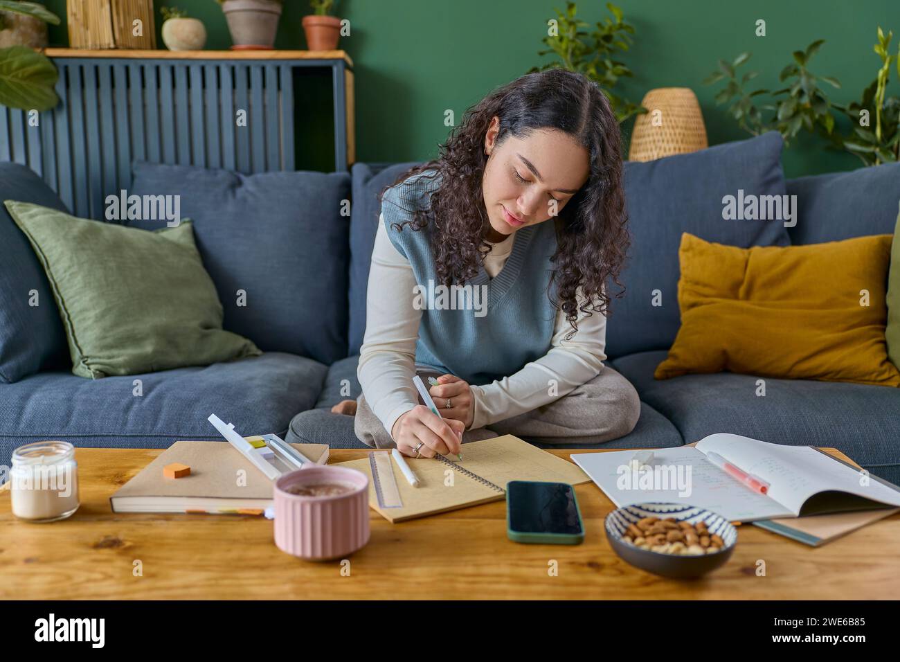 Student doing homework sitting on sofa at home Stock Photo - Alamy