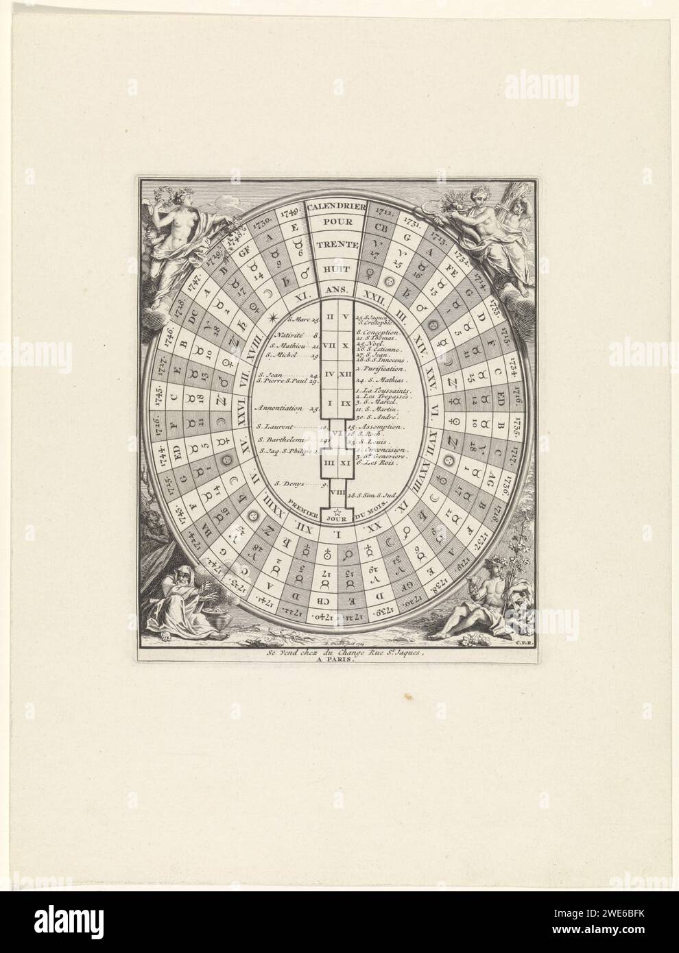 Calendar for the year 1711 to the year 1749, Bernard Picart, 1714 print ...