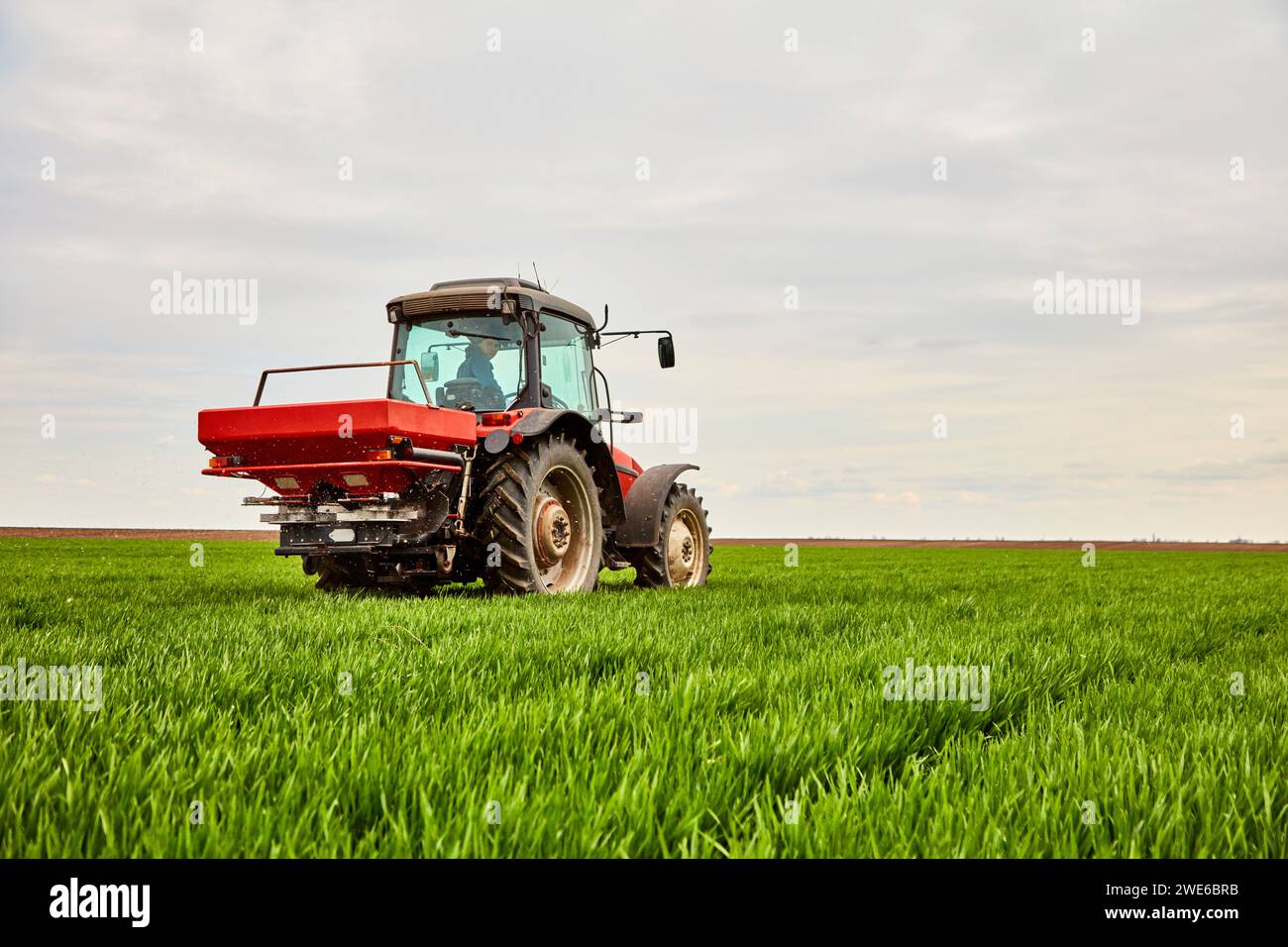 Farmer driving tractor and spraying fertilizer on wheat field Stock ...