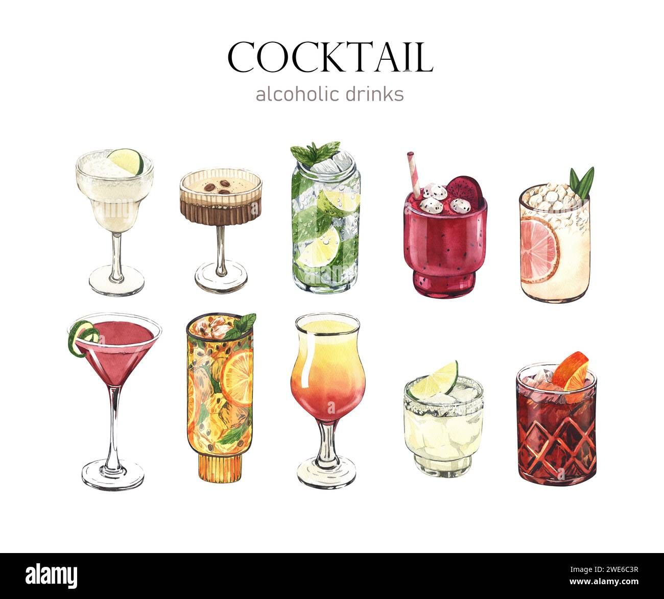 Set cocktails drinks: negroni, maxito, martini, tequila, dragon and ...