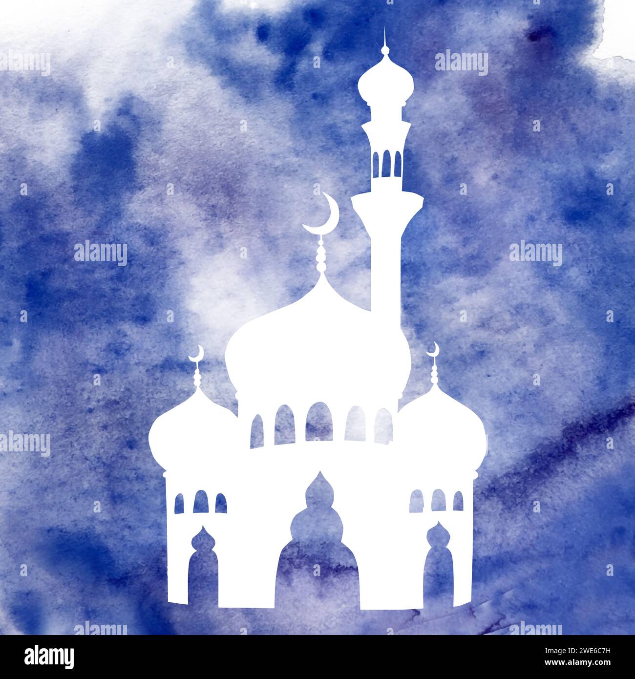 Watercolor silhouette of Islamic mosque and minaret with crescent moon ...