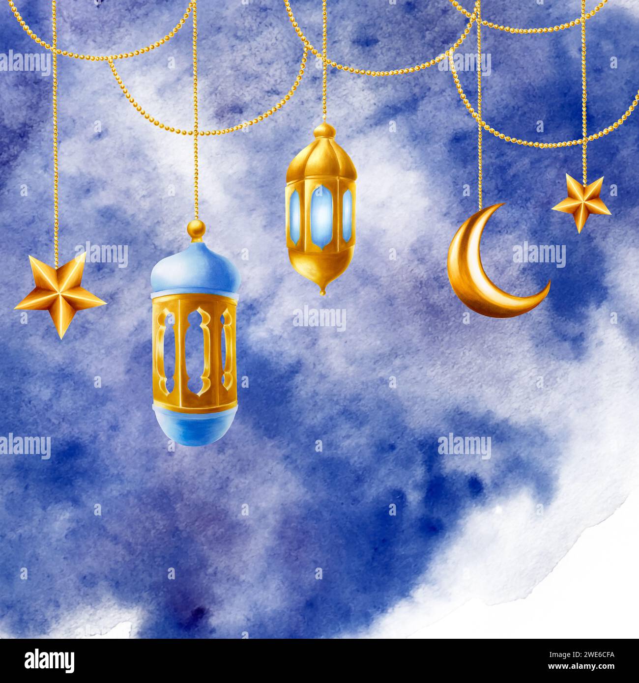Watercolor Islamic arabian frame with golden crescent moon, stars and ...