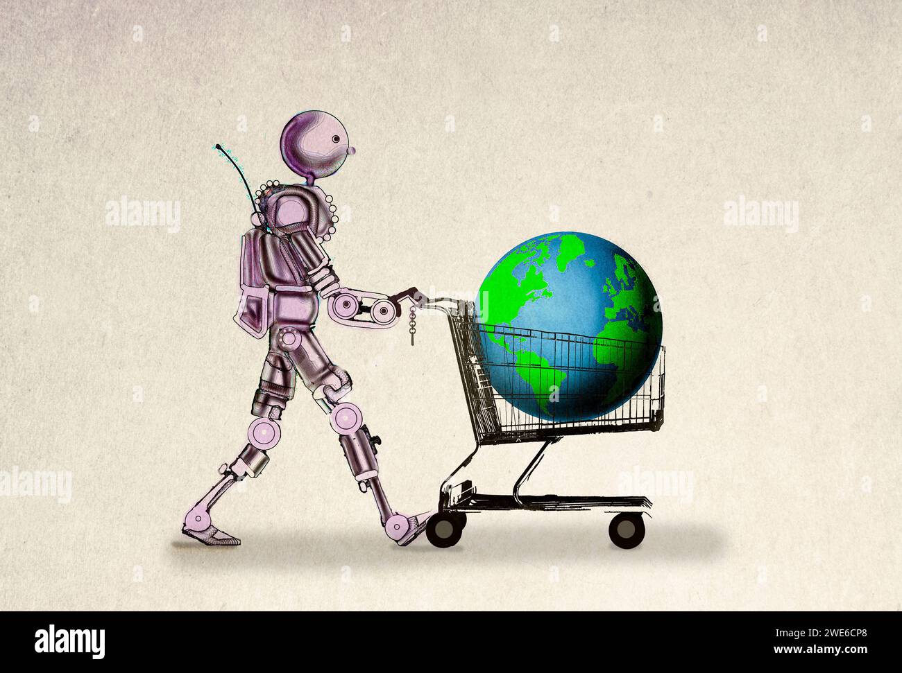 Robot pushing planet earth in shopping cart against beige background ...