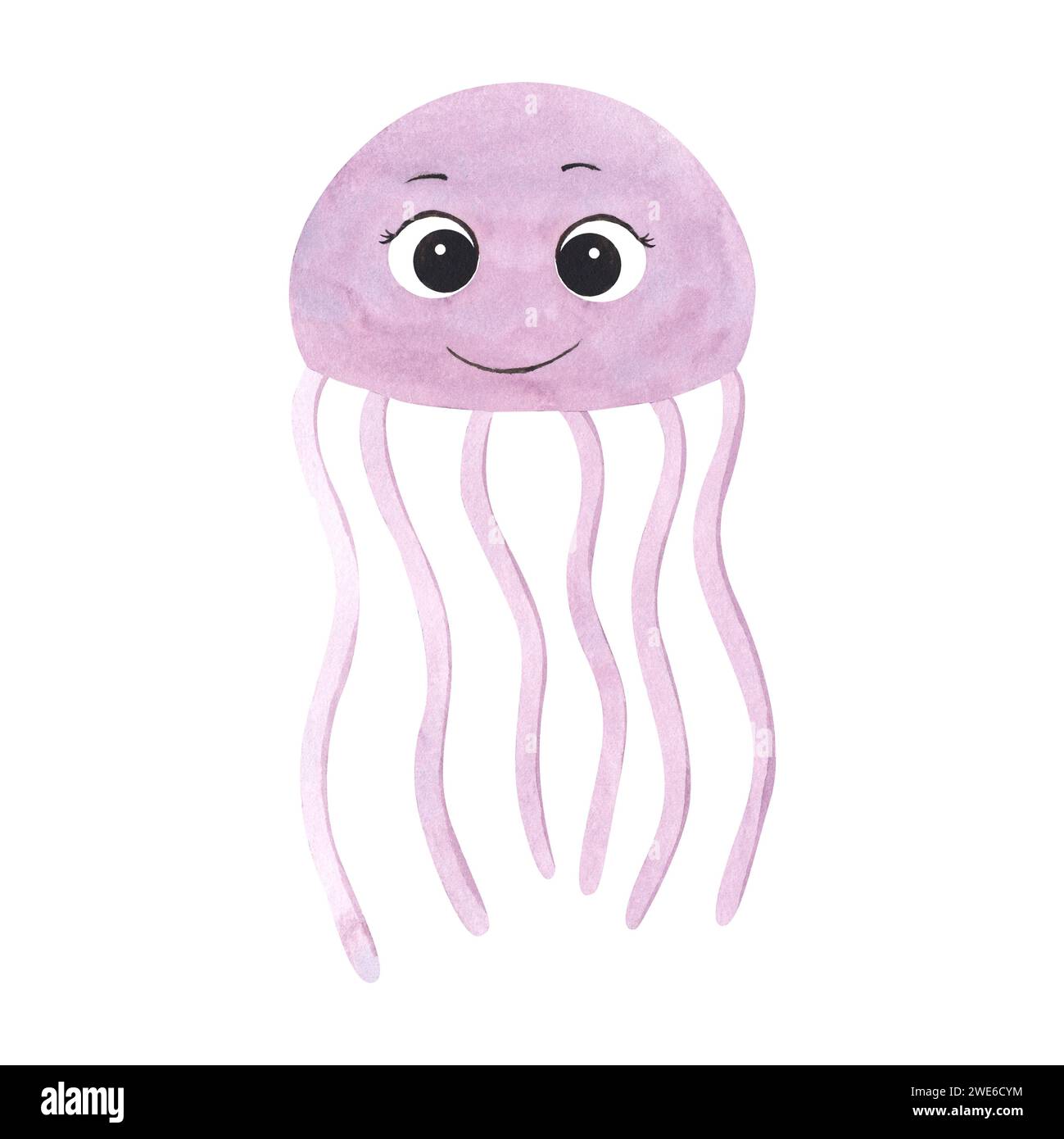 Watercolor purple cute jellyfish with big eyes.Illustration for baby ...