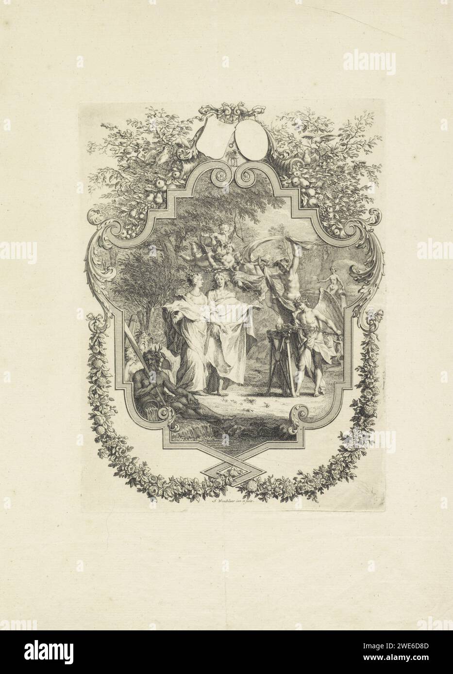 Vignette with a wedding couple in a landscape, Jan Wandelaar, 1710 ...