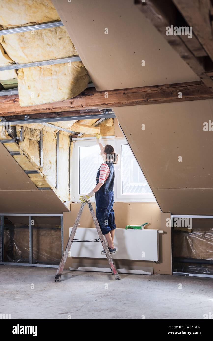 Woman standing on step ladder hi-res stock photography and images - Alamy