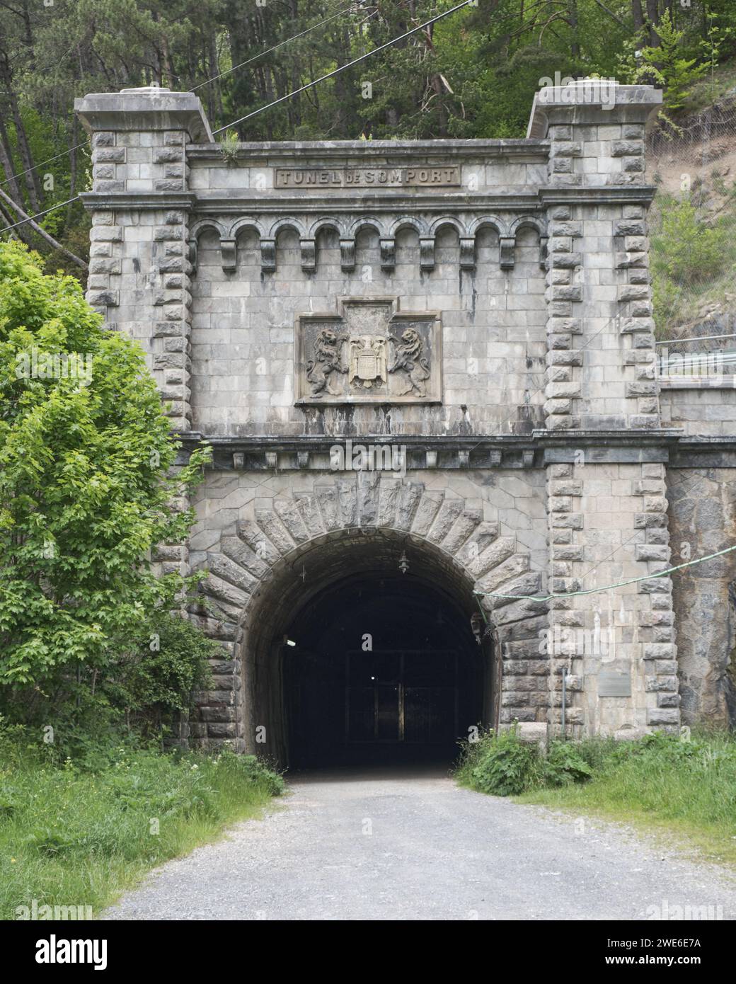 The old disused exit of the Somport Tunnel through the Pyrenees, on the ...