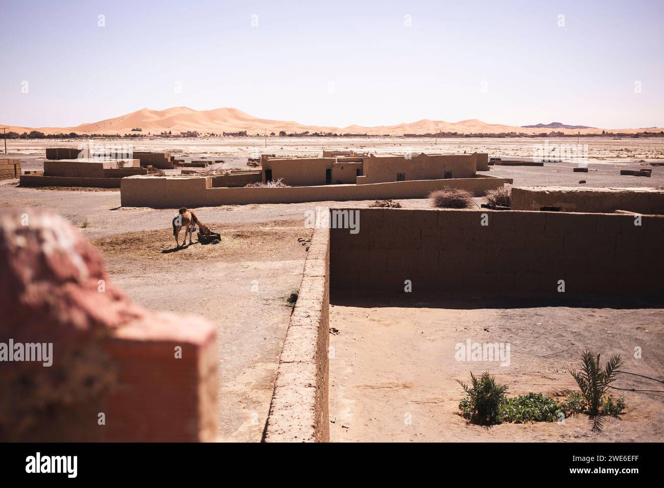 Desert landscape with adobe houses at Merzouga, Morocco, Africa Stock ...