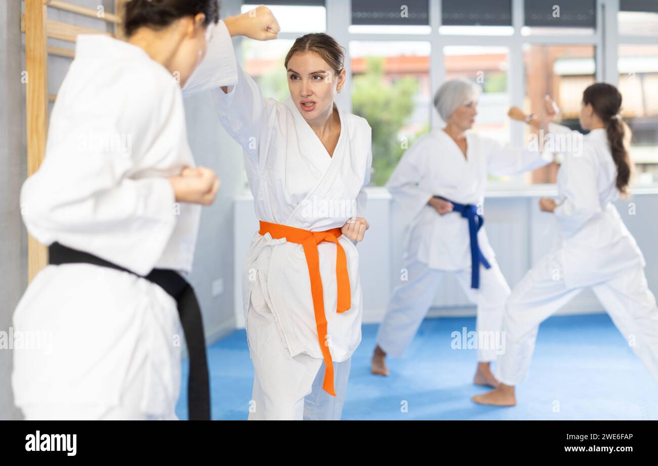 Two young women training karate techniques Stock Photo - Alamy