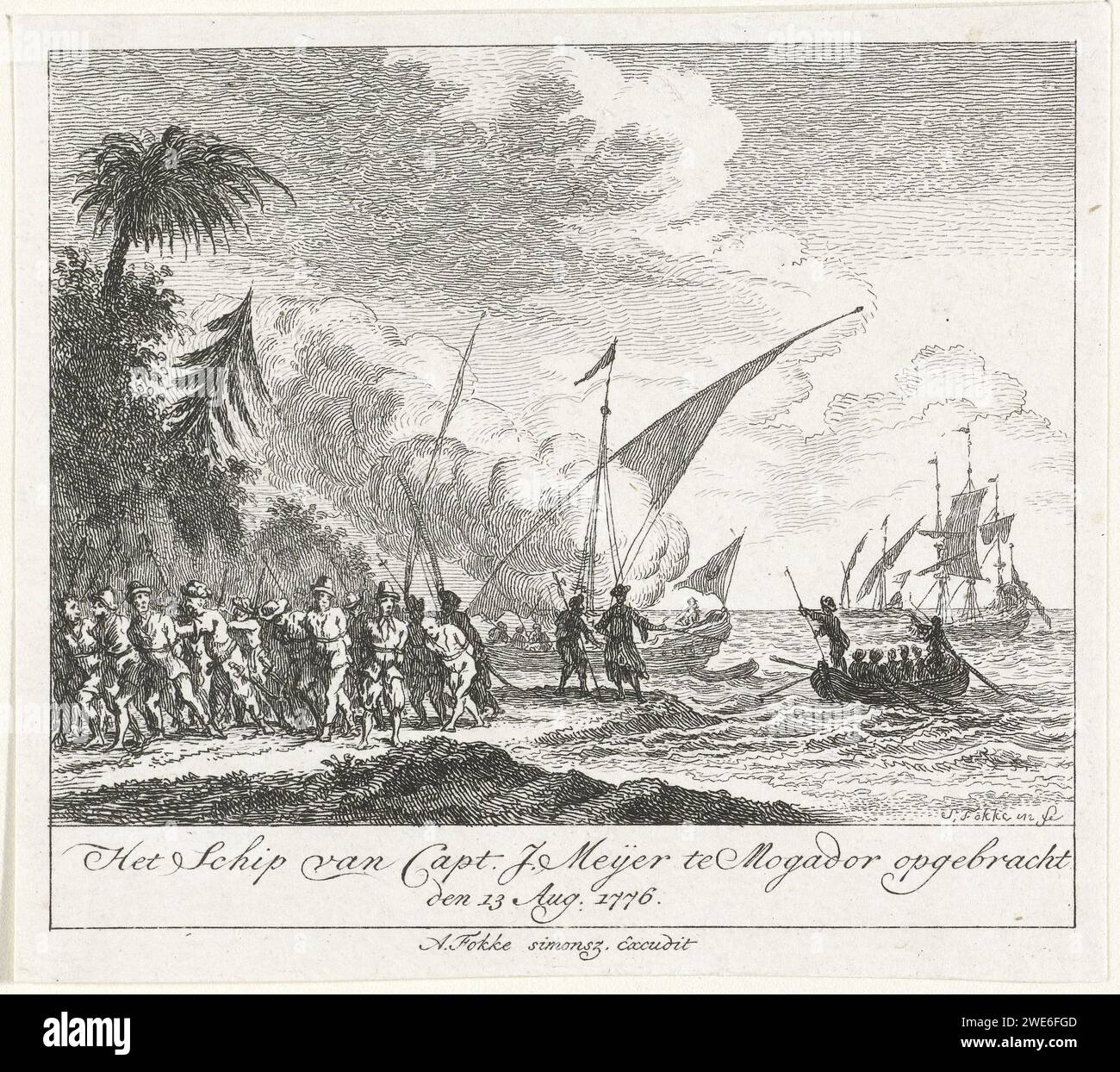 Ship of Captain J. Meijer in Mogador conquered, 1776, Simon Fokke, 1776 ...