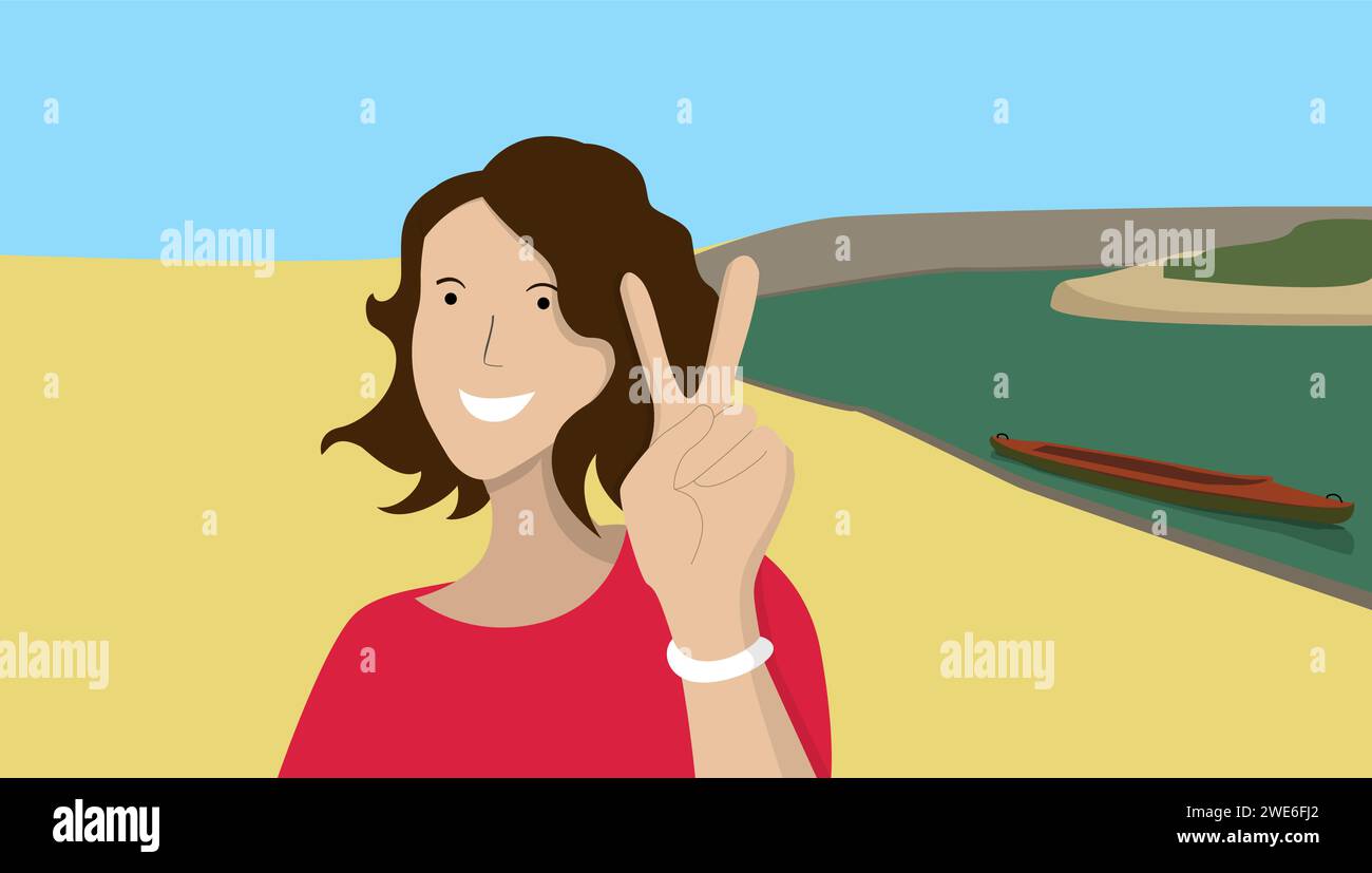 Peace sign on fingers of a young woman at the background of river bank ...