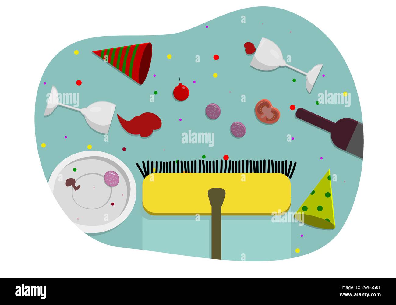 Flat style illustration demonstrating after party mess on the floor and ...