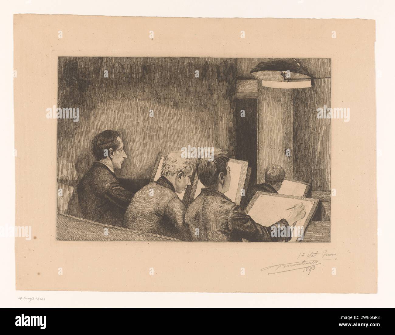 Drawing school with four young men at work, Georges Montenez, 1893 ...