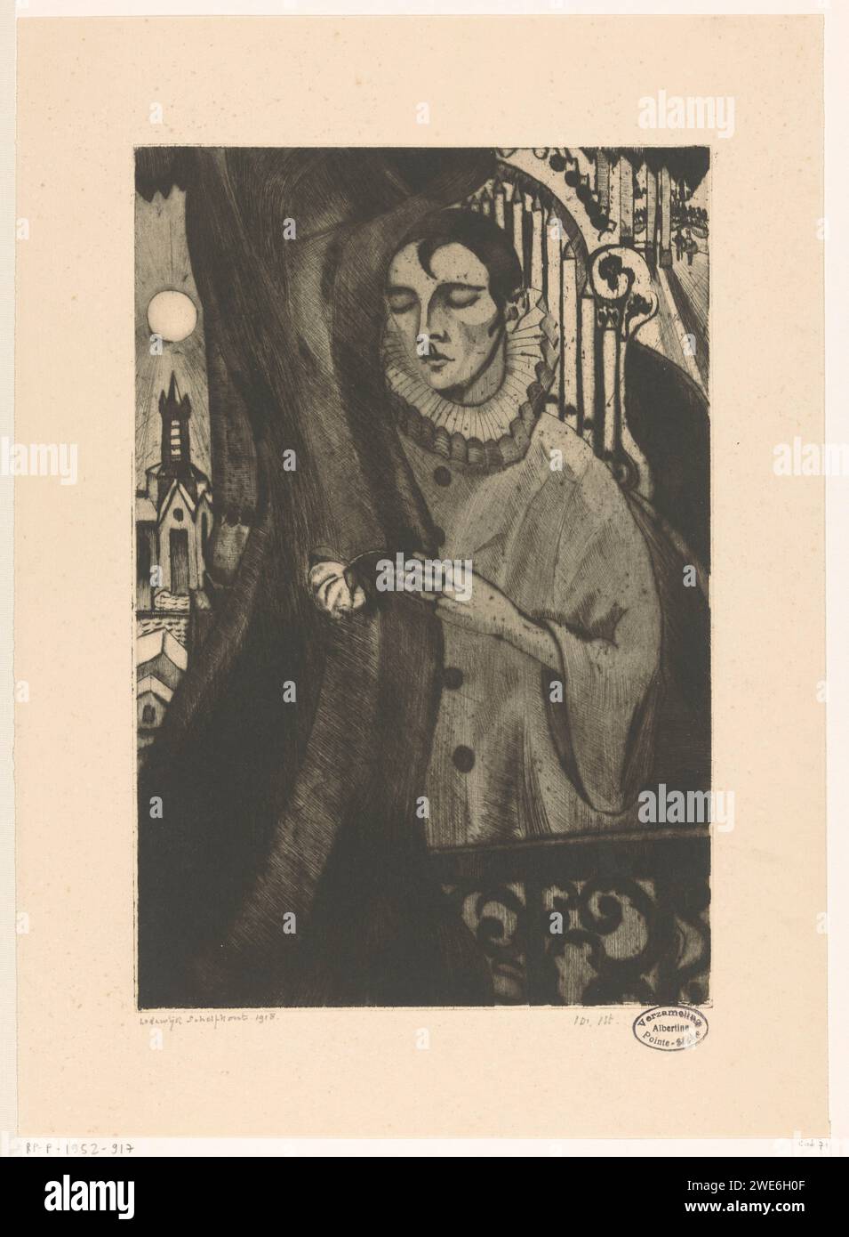 Pierrot II, Lodewijk Schelfhout, 1918 print A pierrot looks at the open ...