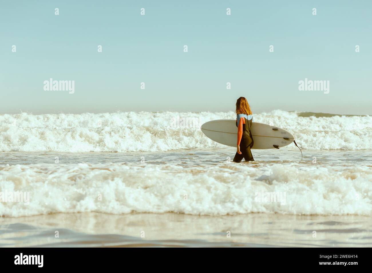 Side view of female surfer in wetsuit with his surfboard entering the ...