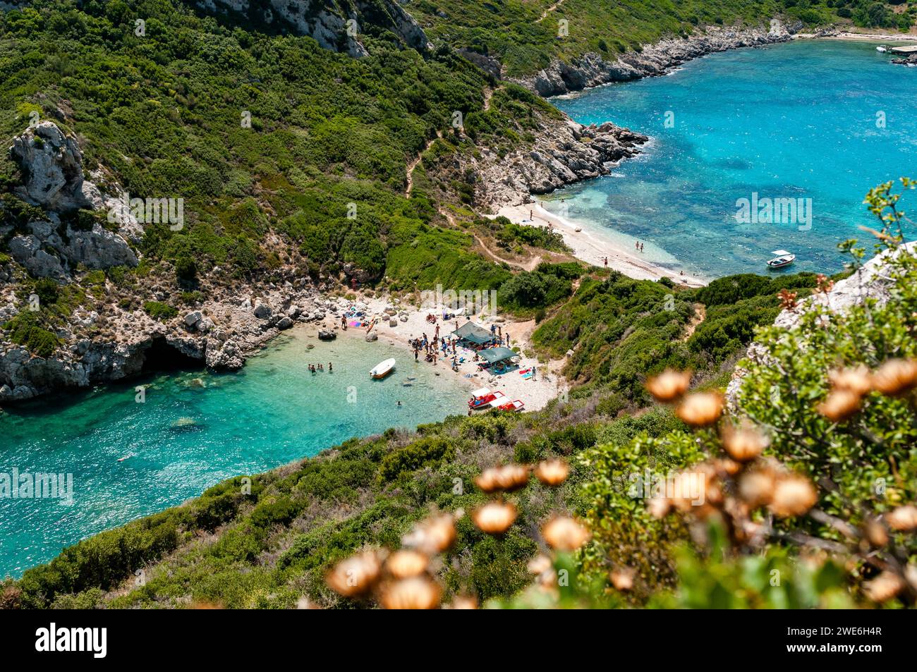 Greece, Ionian Islands, Porto Timoni beach seen from mountaintop Stock ...