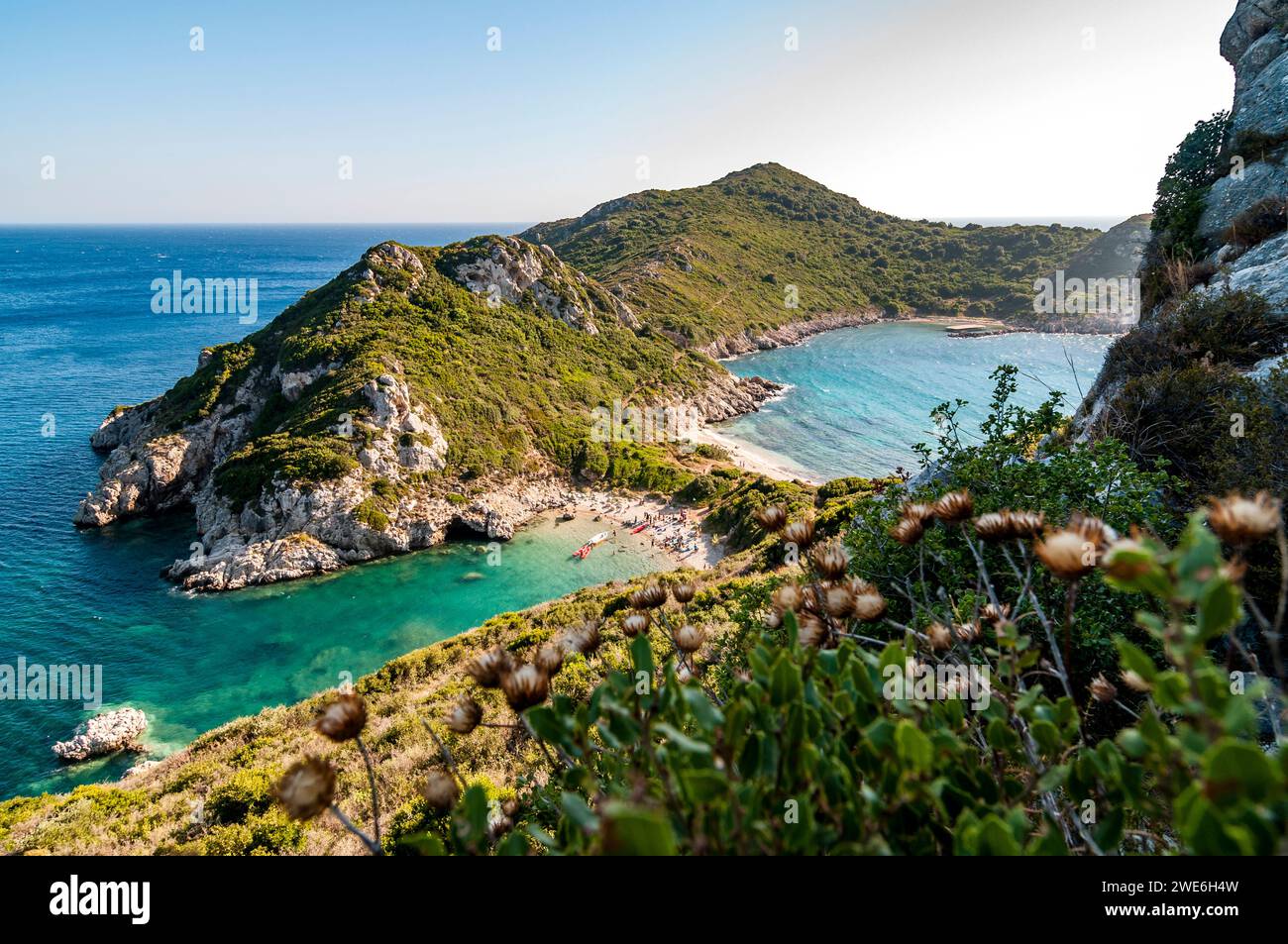 Greece, Ionian Islands, Porto Timoni beach seen from mountaintop Stock ...