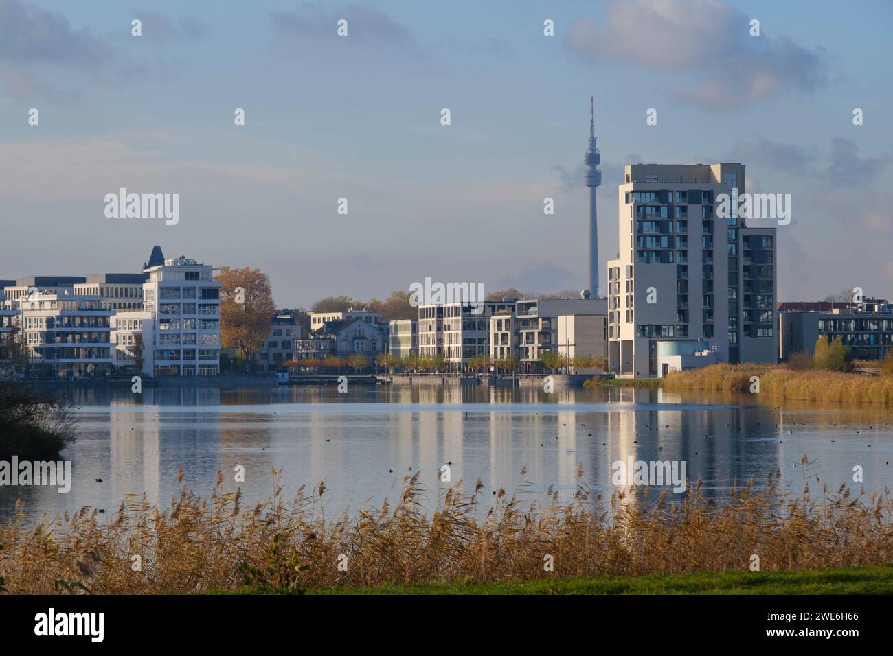 Germany, North Rhine Westphalia, Dortmund, Lake Phoenix with city ...