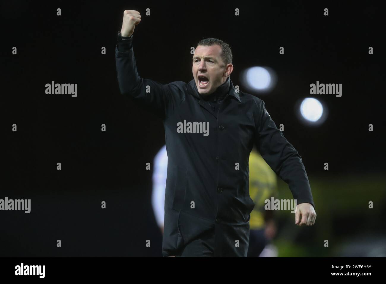 Neill Collins Head coach of Barnsley punches the air after Barnsley win ...