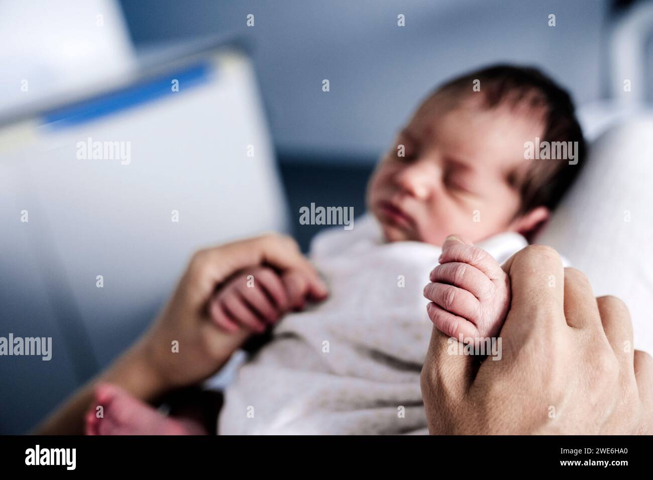 Mother holding baby daughter's hands in hospital Stock Photo - Alamy