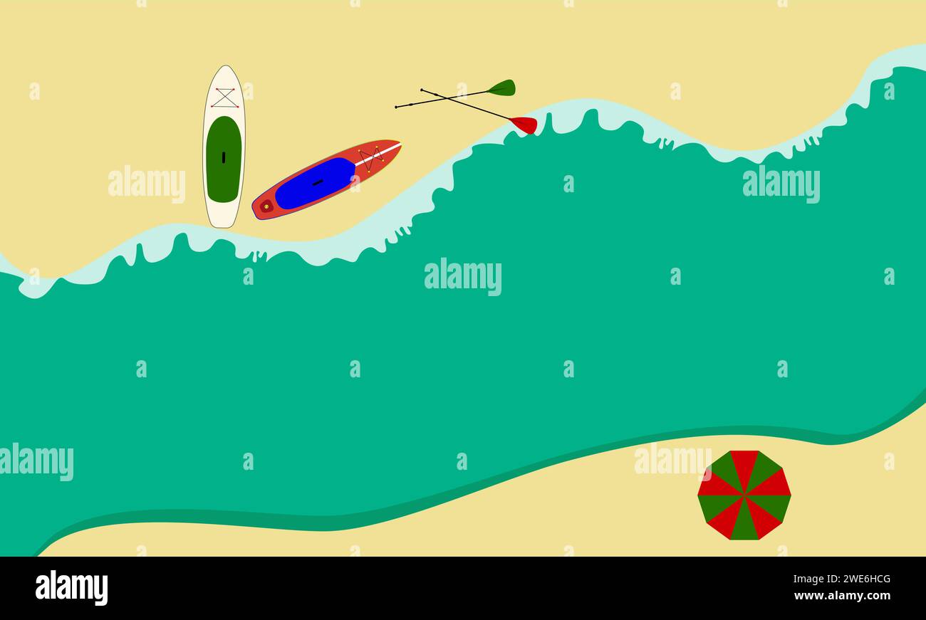 Flat illustration of paddle boards at the bank of river. Up view Stock ...