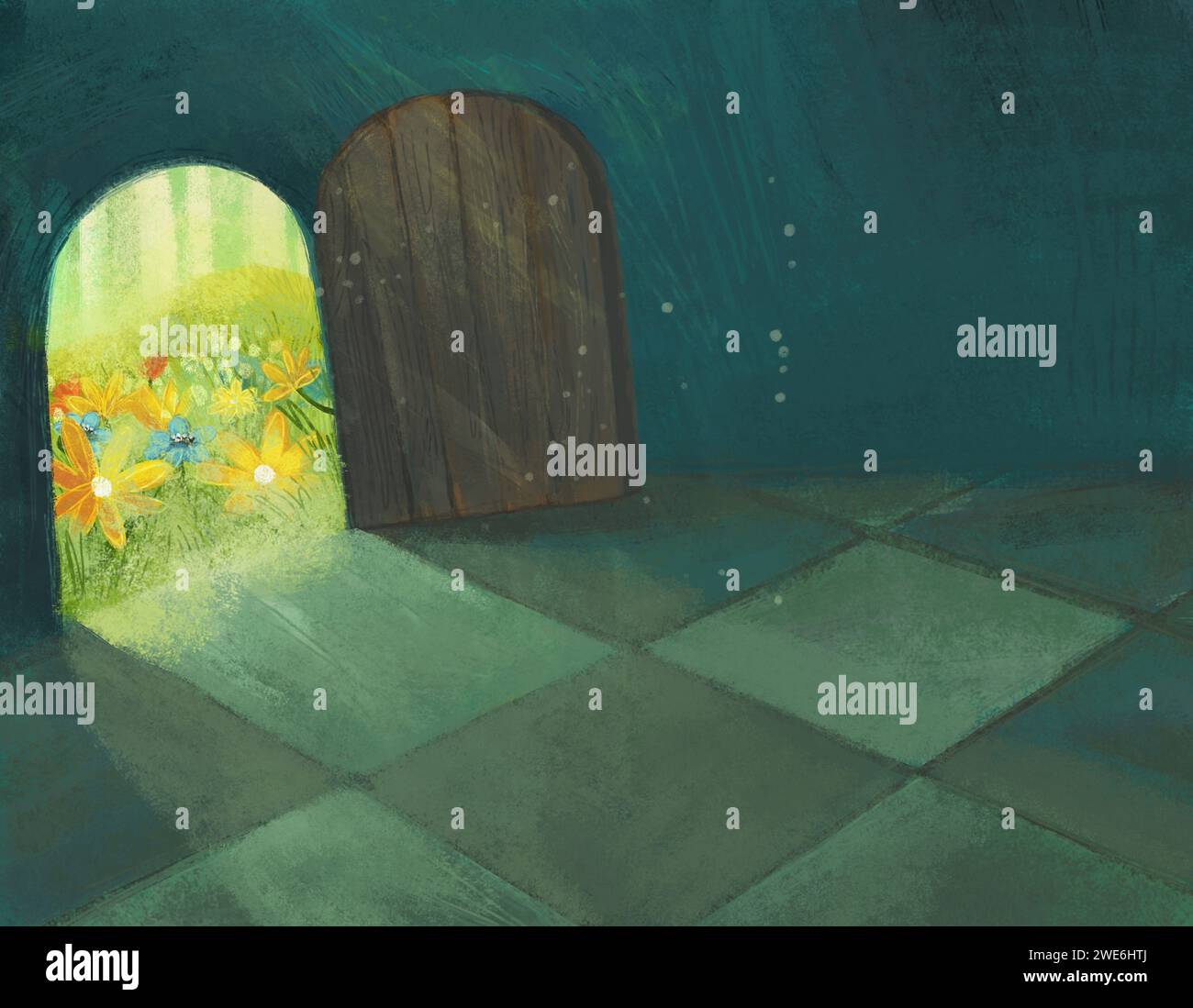 cartoon scene in the hidden room of some castle like house and open ...