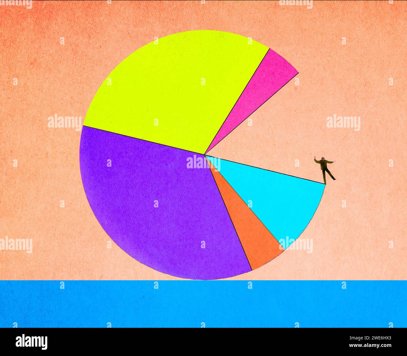 Business person balancing on open section of pie chart Stock Photo - Alamy