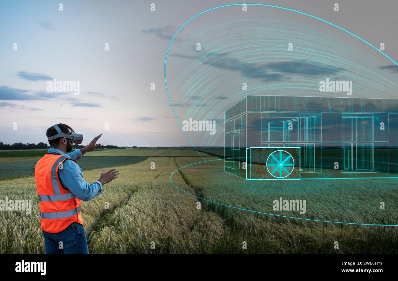 Engineer examining solar power projects through VR glasses in field ...