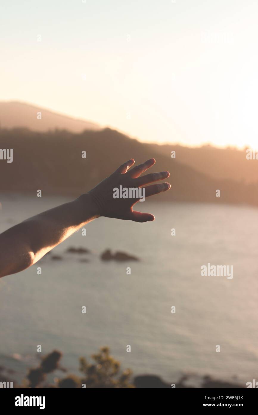 Hand of young man reaching sea at sunset Stock Photo - Alamy