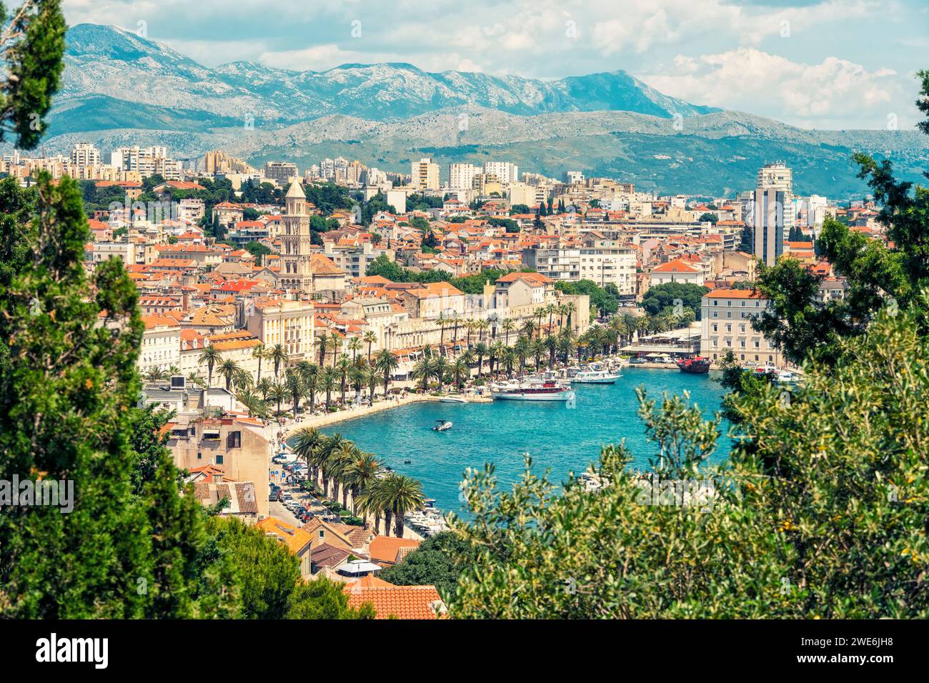 Croatia, Split-Dalmatia County, Split, Coastal cityscape with treelined promenade Stock Photo ...