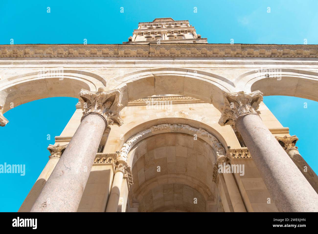 Croatia, Split-Dalmatia County, Split, Arches in front of tower of ...