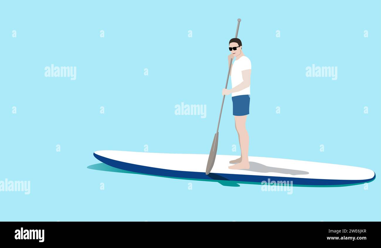 Young man standing on sup board floating in sea in sunny day. Tourist ...