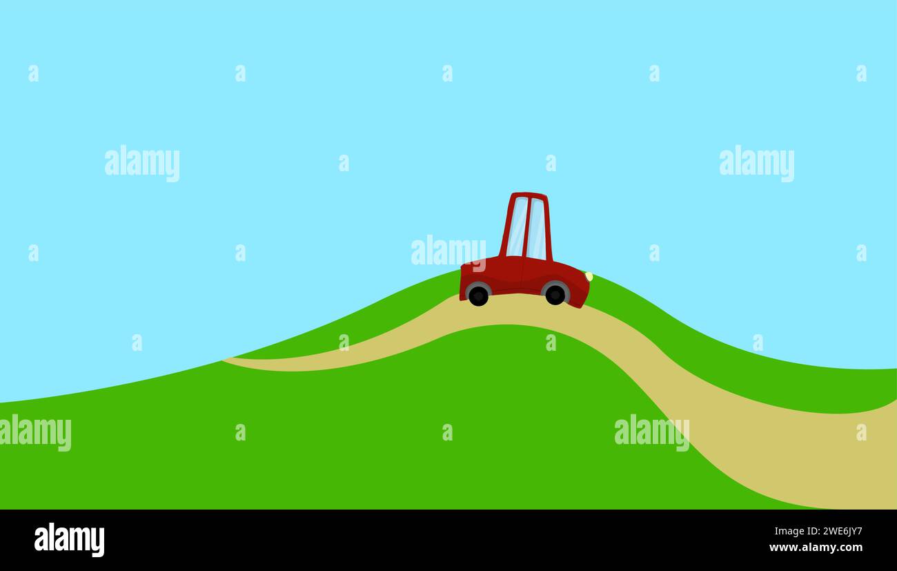 Red car driving on a country road. Cartoon style illustration. Vector ...