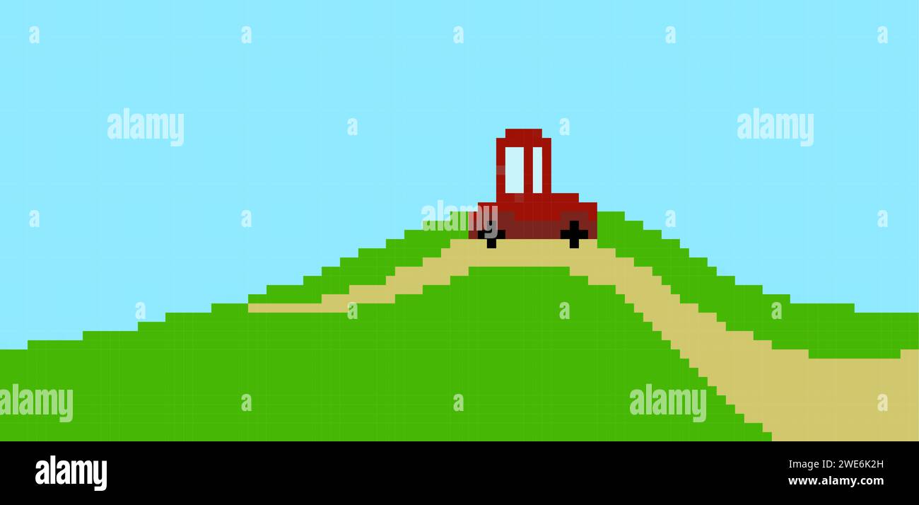 Red car driving on a field road. Green meadow landscape in pixel style ...