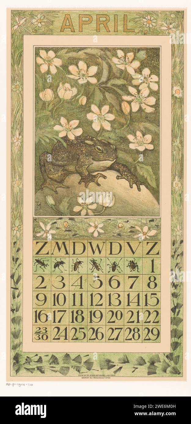 Calendar April with frog, Theo van Hoytema, 1910 print The frog is on a ...