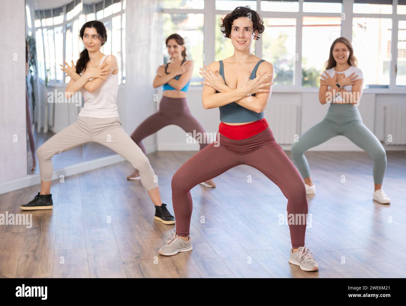 Female teacher conducts modern dance lessons for group of girls Stock ...