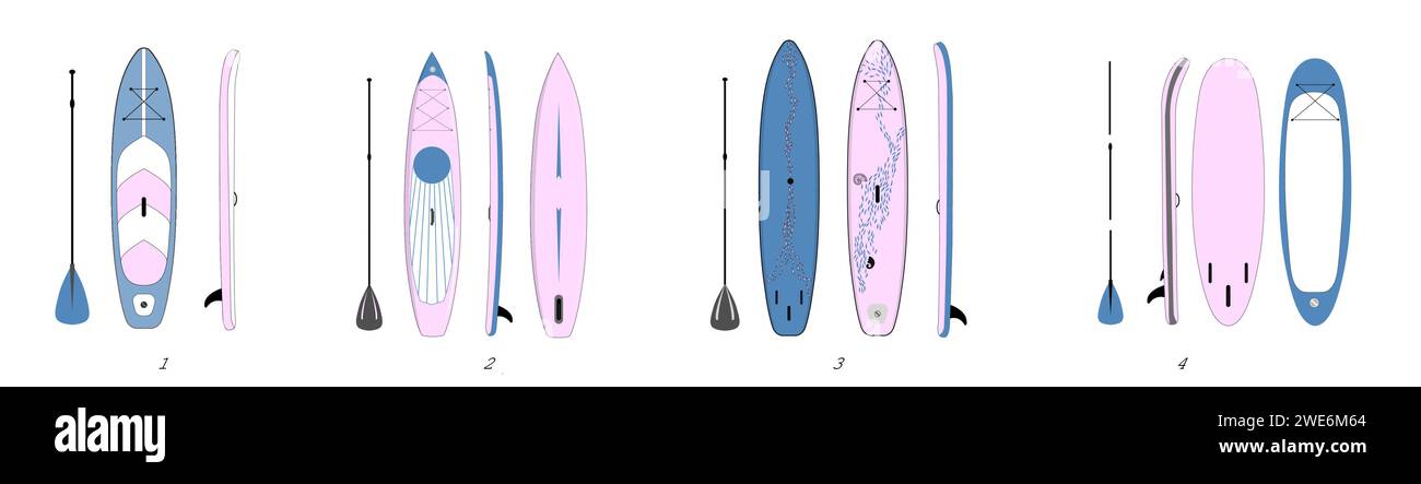 Sup board isolated illustration. Paddle board. Set of fifteen objects ...
