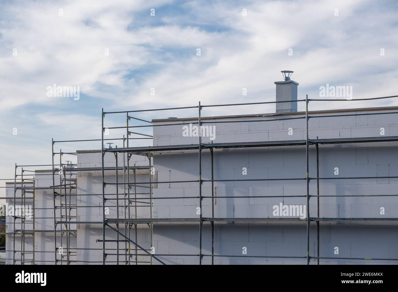 Polystyrene foam thermal insulation boards installed on wall. High ...