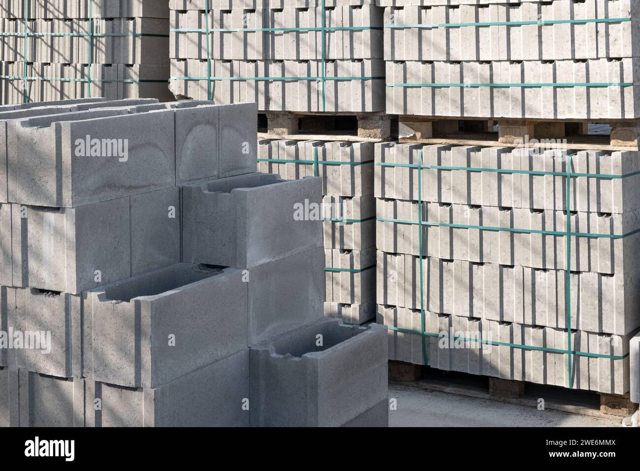Pallet of Concrete Cinder Blocks, Grey Uniformed brick Shapes building ...