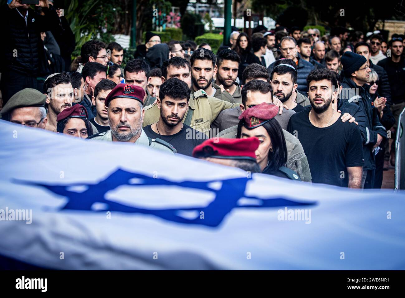 Mourners escort the coffin of Major Ilay Levy during a funeral at the ...