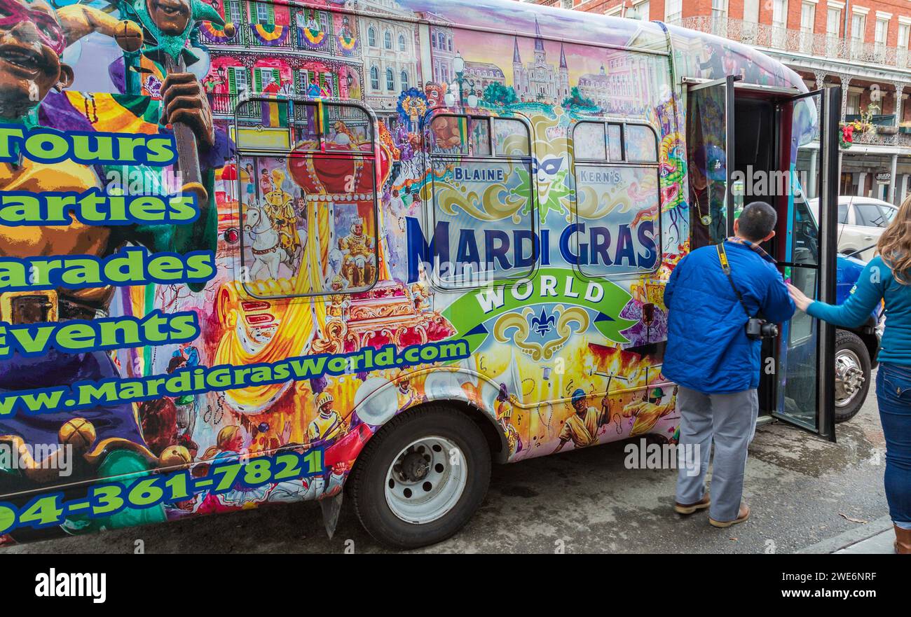 Mardi Gras World tour bus drops off tourist in the French Quarter of ...
