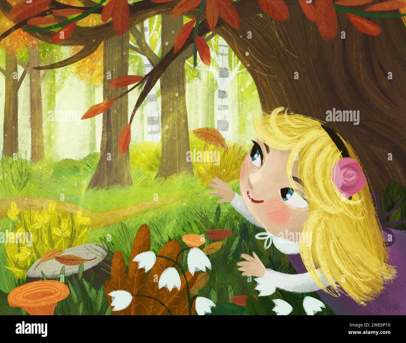cartoon scene with magicaly looking meadow in the forest in sunny day ...