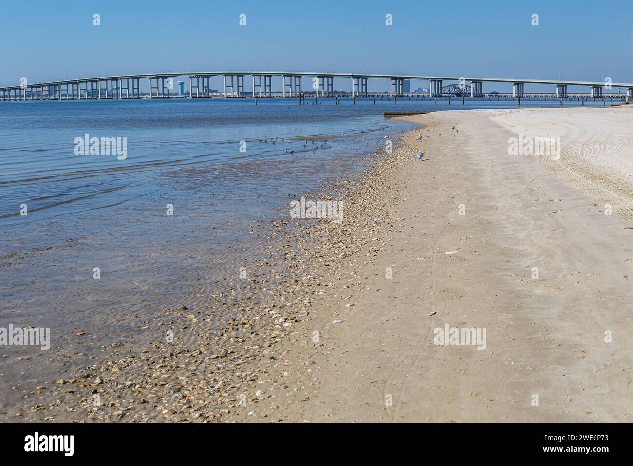 Highway 90 Back Bay Bridge behind man-made Front Beach in Ocean Springs ...