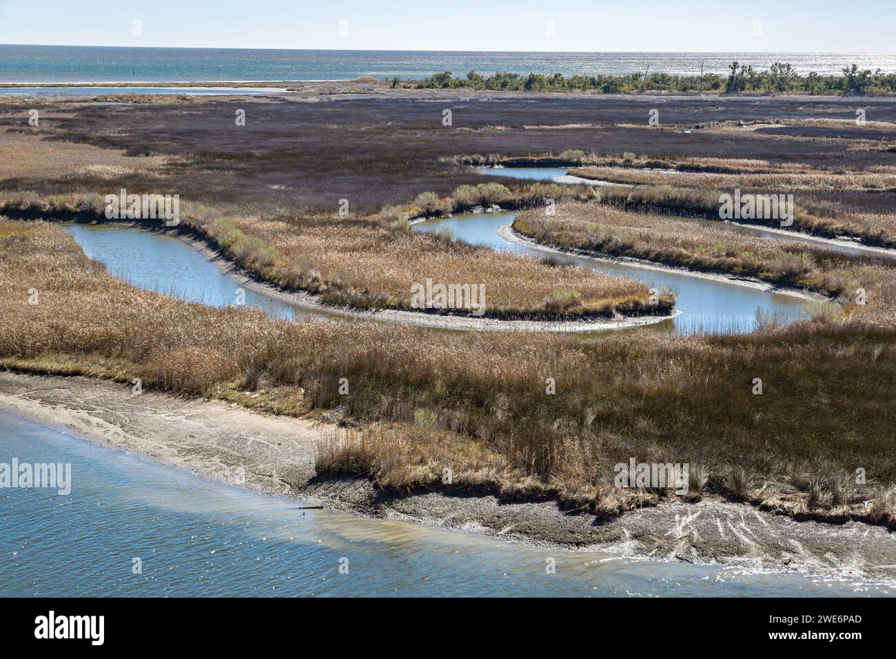 Winding waterways through Bayou Caddy wetlands area along the Gulf of ...