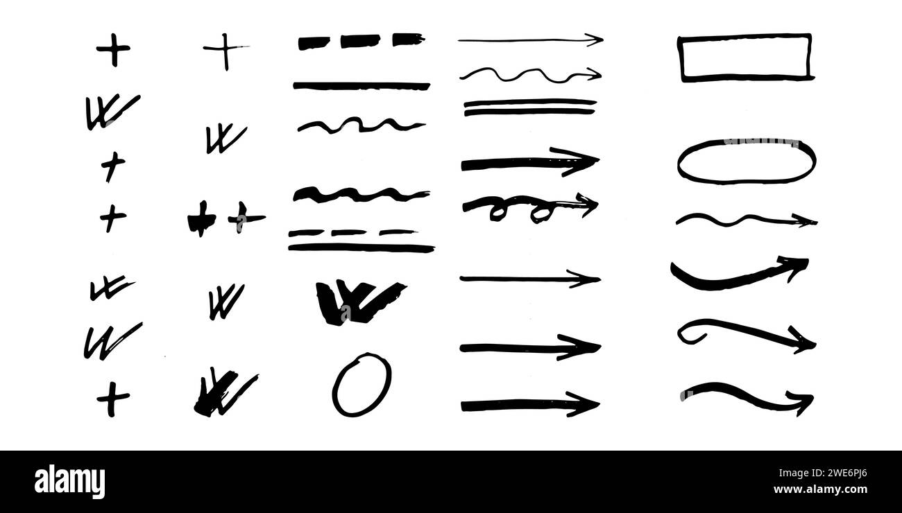 Brushes and elements for notes highlighting text. Arrows strokes dotted ...
