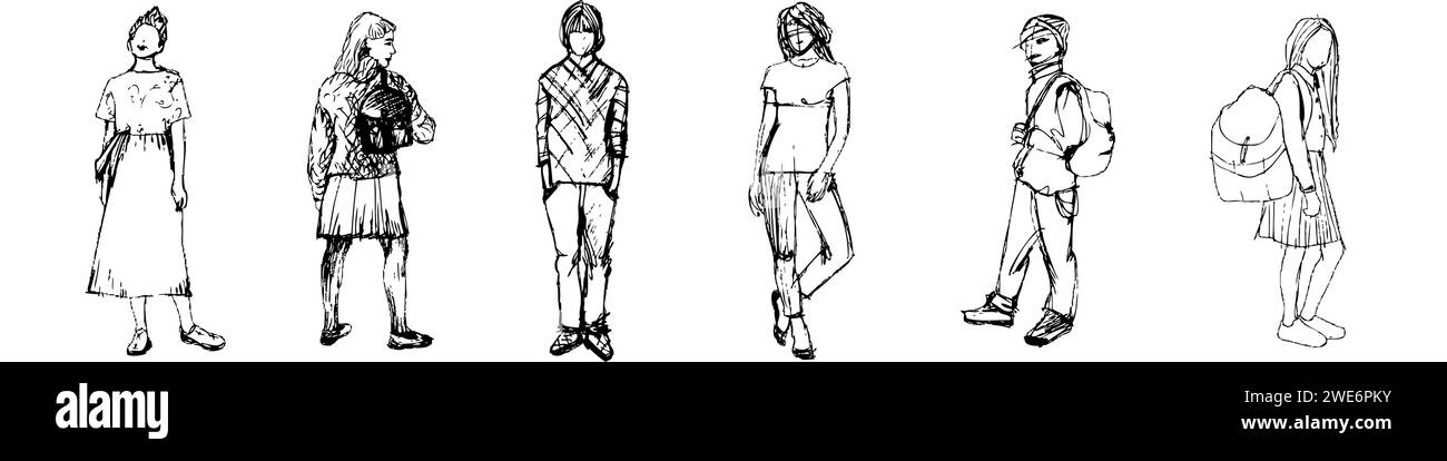 Group of 6 different young people, pencil sketch. Hand drawn human ...