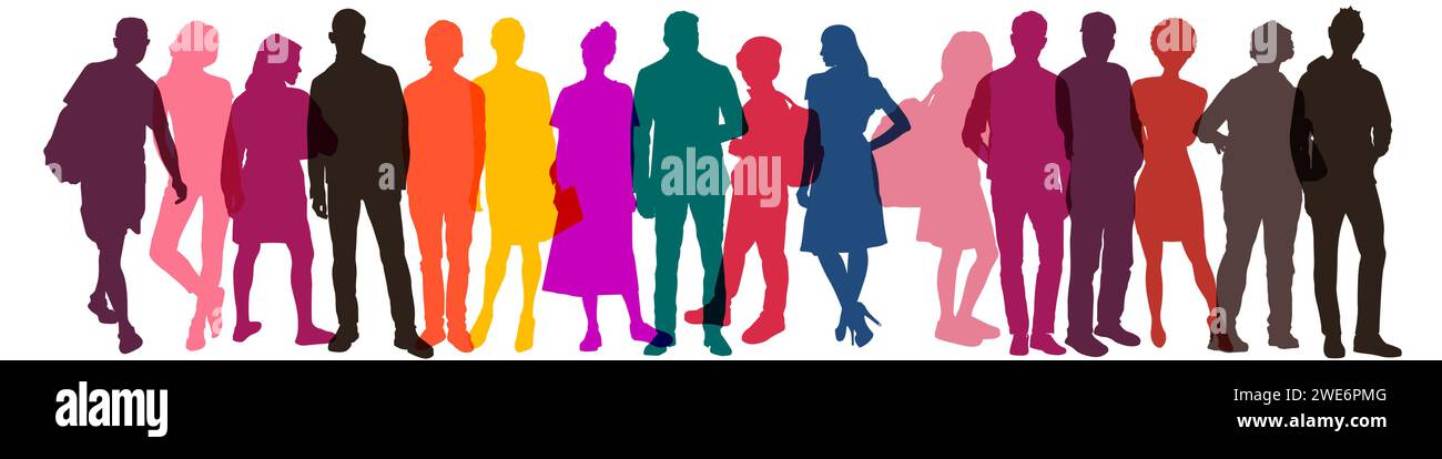Multi-colored transparent silhouettes of men and women, multiply mode ...