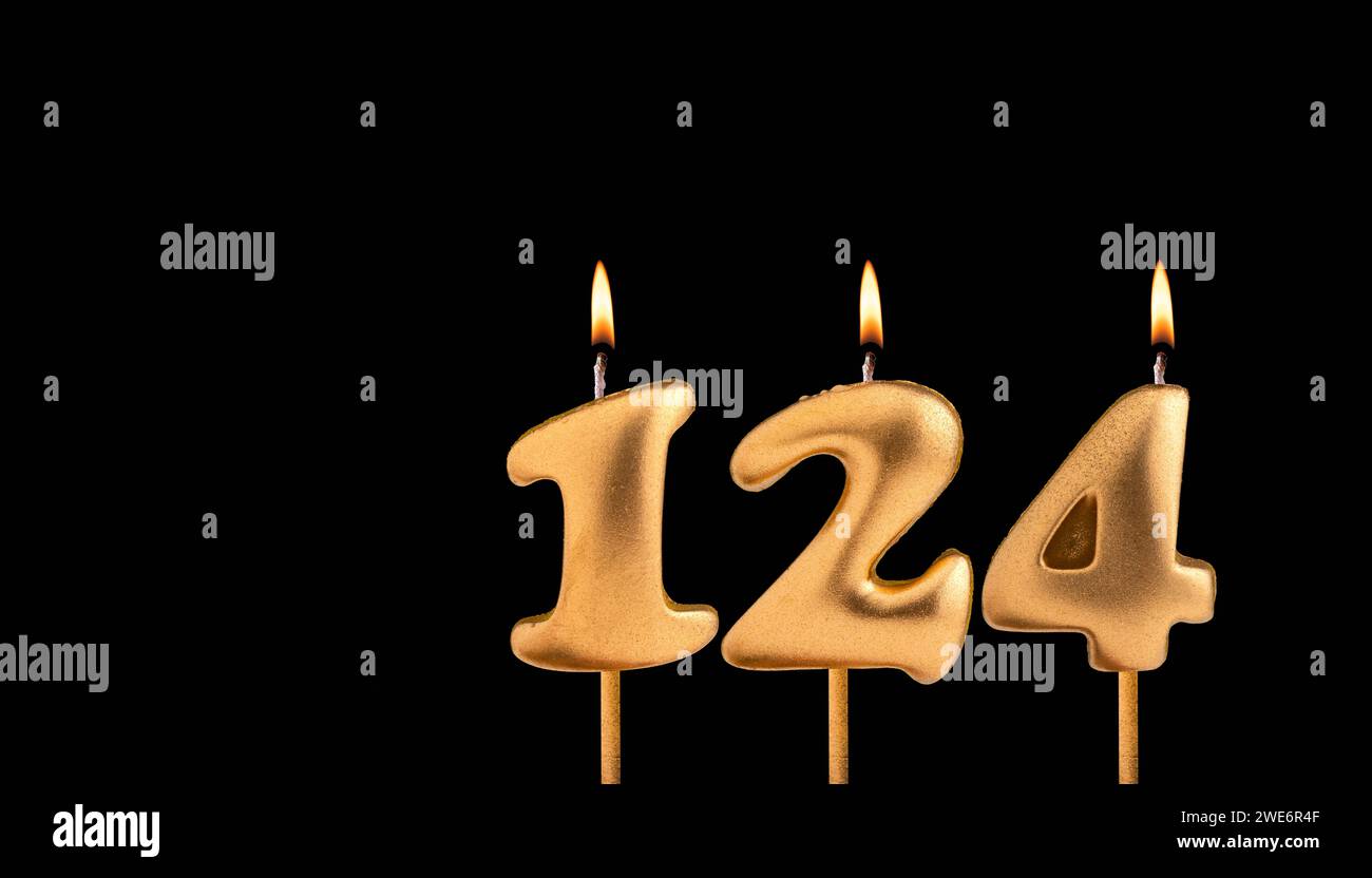 Birthday candle number 124 - Birthday celebration on black background ...